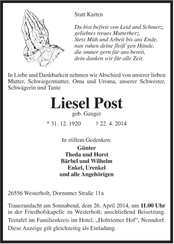 Traueranzeigen von Liesel Post | nordwest-trauer.de