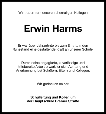 Traueranzeigen von Erwin Harms | nordwest-trauer.de