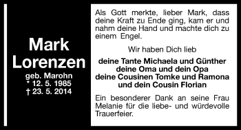 Traueranzeigen von Mark Lorenzen | nordwest-trauer.de