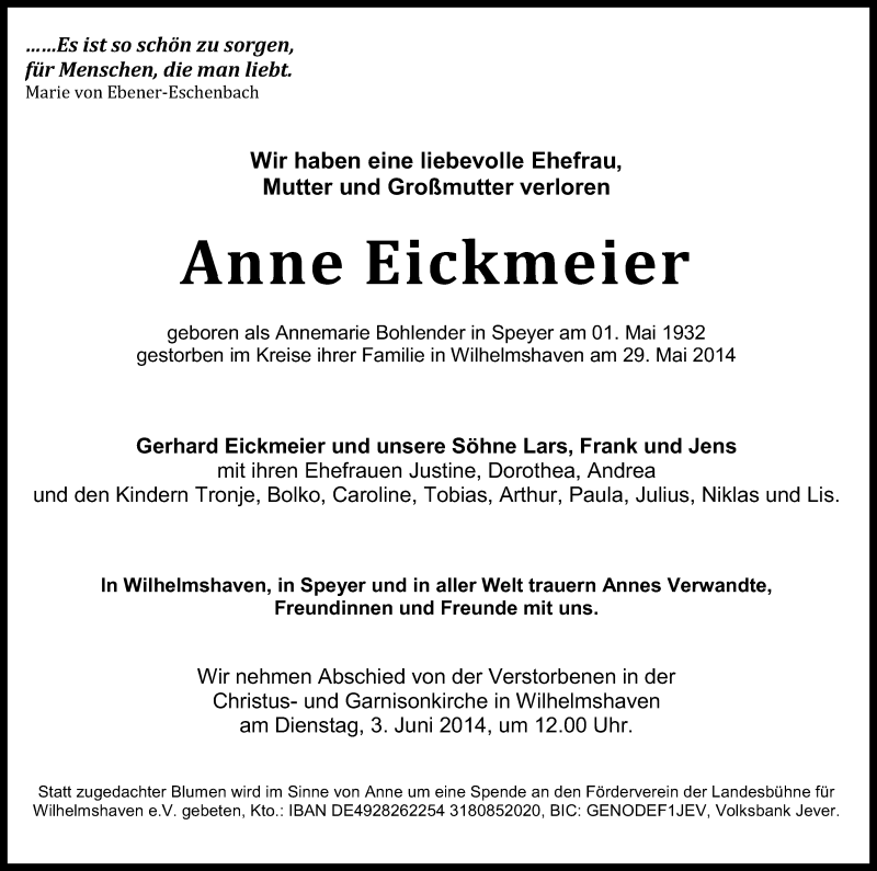 Traueranzeigen von Anne Eickmeier | nordwest-trauer.de