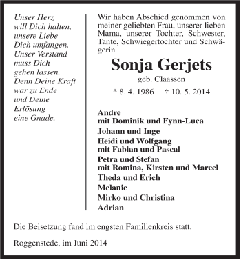 Traueranzeigen von Sonja Gerjets | nordwest-trauer.de