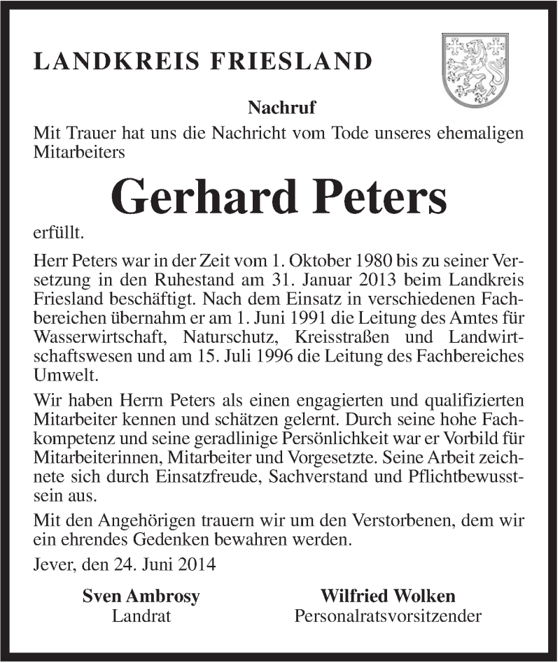 Traueranzeigen von Gerhard Peters | nordwest-trauer.de