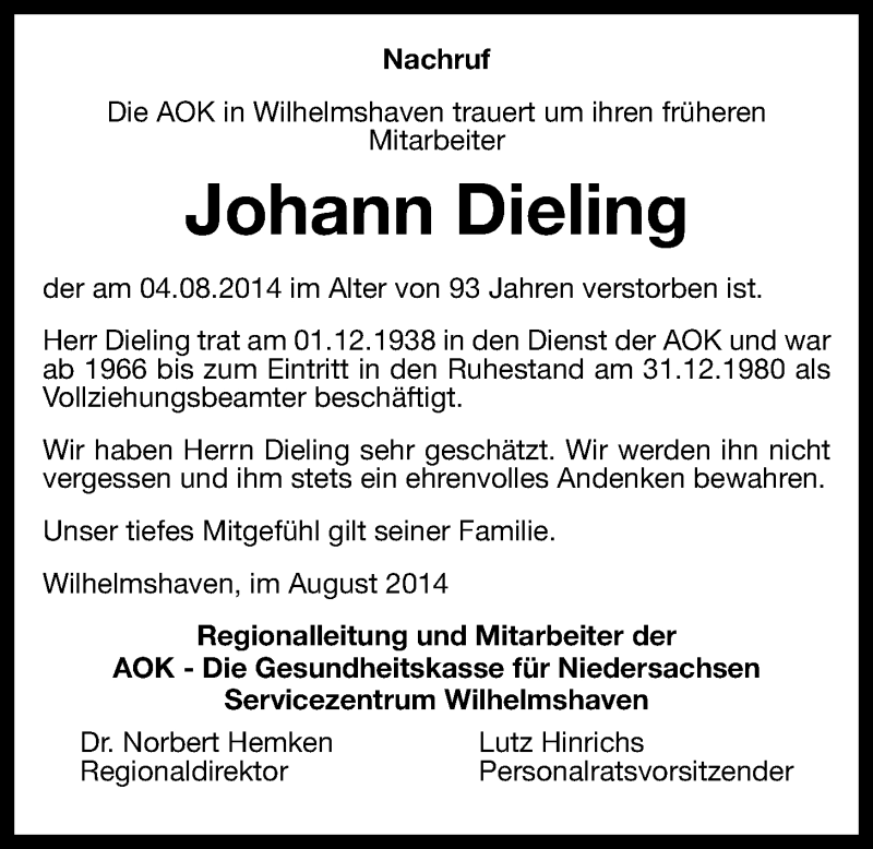 Traueranzeigen von Johann Dieling | nordwest-trauer.de
