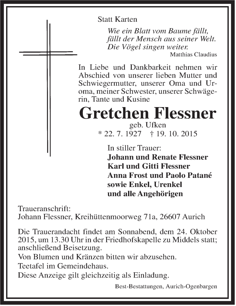 Traueranzeigen von Gretchen Flessner | nordwest-trauer.de