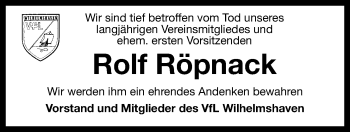 Traueranzeigen von Rolf Röpnack | nordwest-trauer.de