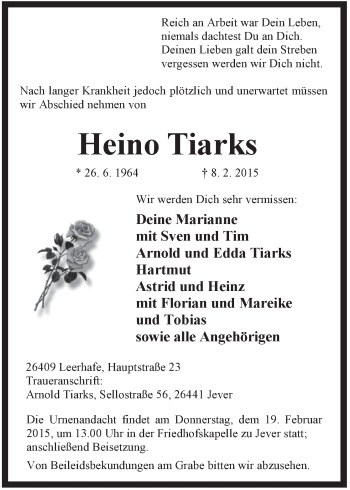 Traueranzeigen von Heino Tiarks | nordwest-trauer.de