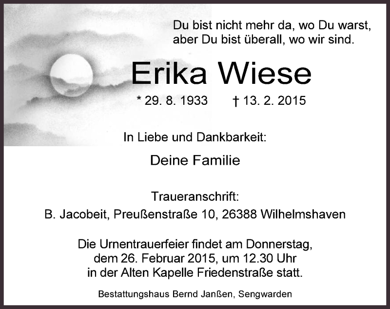 Traueranzeigen von Erika Wiese | nordwest-trauer.de