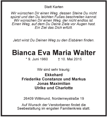 Traueranzeigen von Bianca Eva Maria Walter | nordwest-trauer.de
