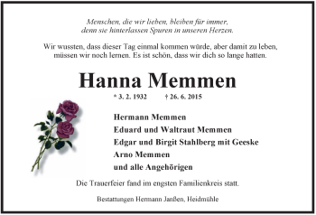 Traueranzeigen von Hanna Memmen | nordwest-trauer.de