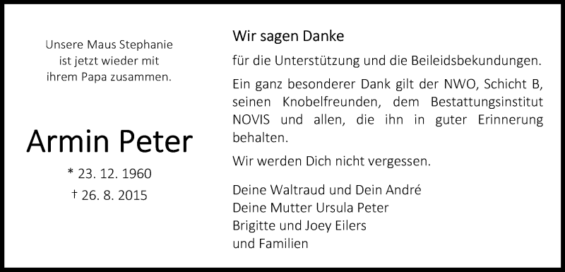 Traueranzeigen von Armin Peter | nordwest-trauer.de