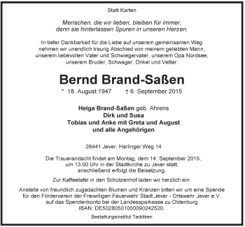 Traueranzeigen von Bernd Brand-Saßen | nordwest-trauer.de