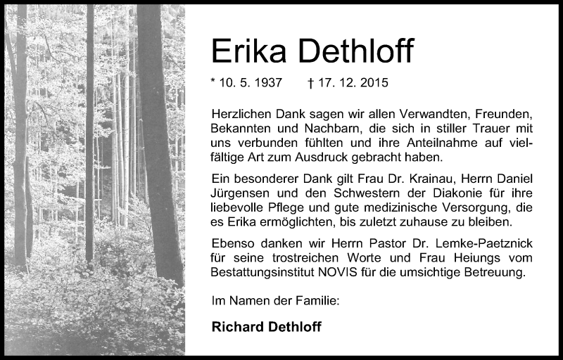 Traueranzeigen von Erika Dethloff | nordwest-trauer.de