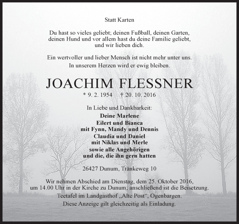 Traueranzeigen von Joachim Flessner | nordwest-trauer.de