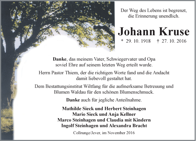 Traueranzeigen von Johann Kruse | nordwest-trauer.de