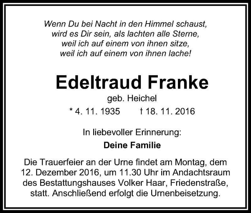 Traueranzeigen von Edeltraud Franke | nordwest-trauer.de