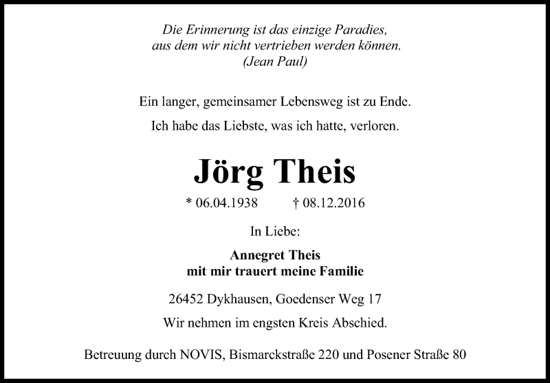 Traueranzeigen von Jörg Theis | nordwest-trauer.de