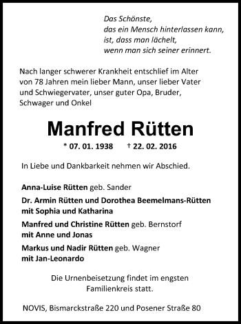 Traueranzeigen von Manfred Rütten | nordwest-trauer.de