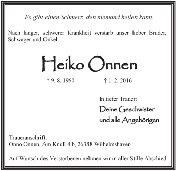 Traueranzeigen von Heiko Onnen | nordwest-trauer.de