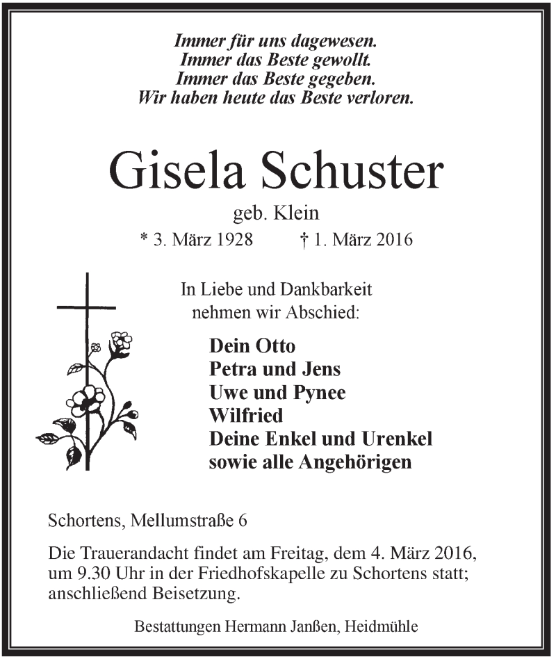 Traueranzeigen von Gisela Schuster | nordwest-trauer.de