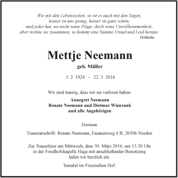 Traueranzeigen von Mettje Neemann | nordwest-trauer.de