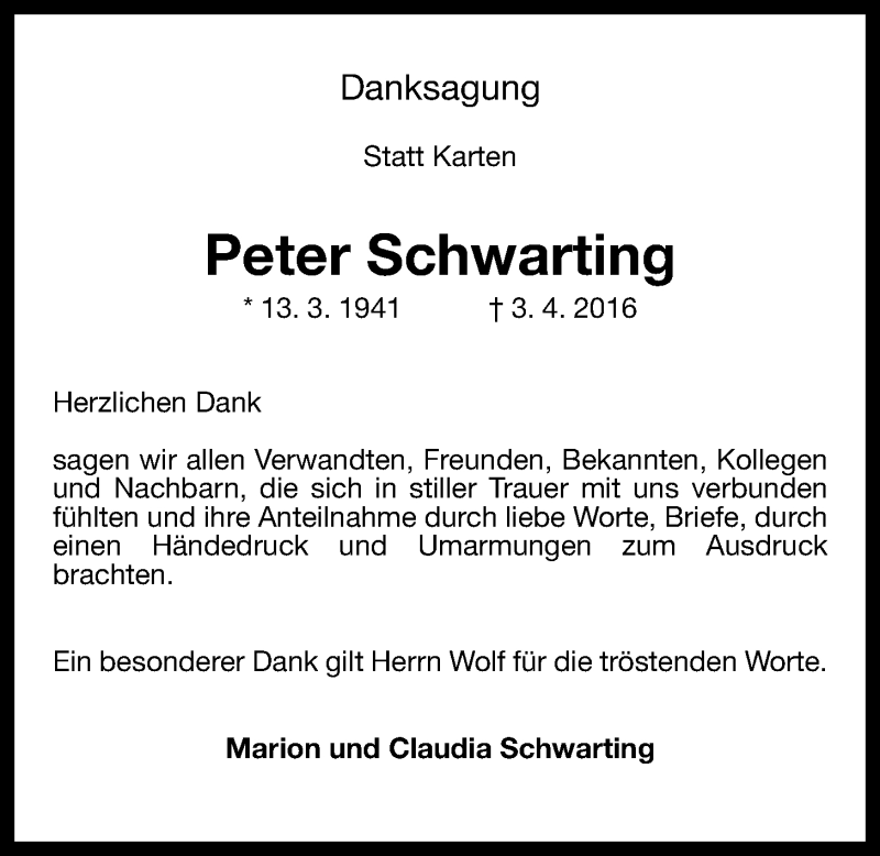 Traueranzeigen von Peter Schwarting | nordwest-trauer.de