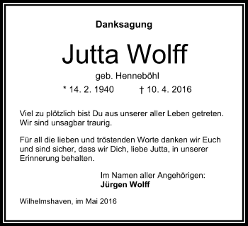 Traueranzeigen von Jutta Wolff | nordwest-trauer.de