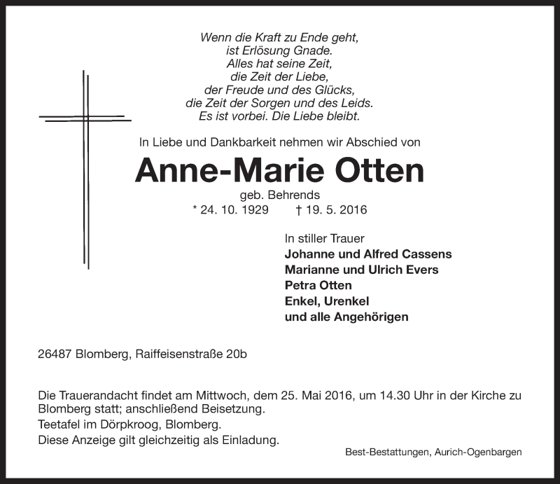 Traueranzeigen von Anne-Marie Otten | nordwest-trauer.de
