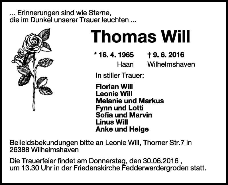 Traueranzeigen von Thomas Will | nordwest-trauer.de