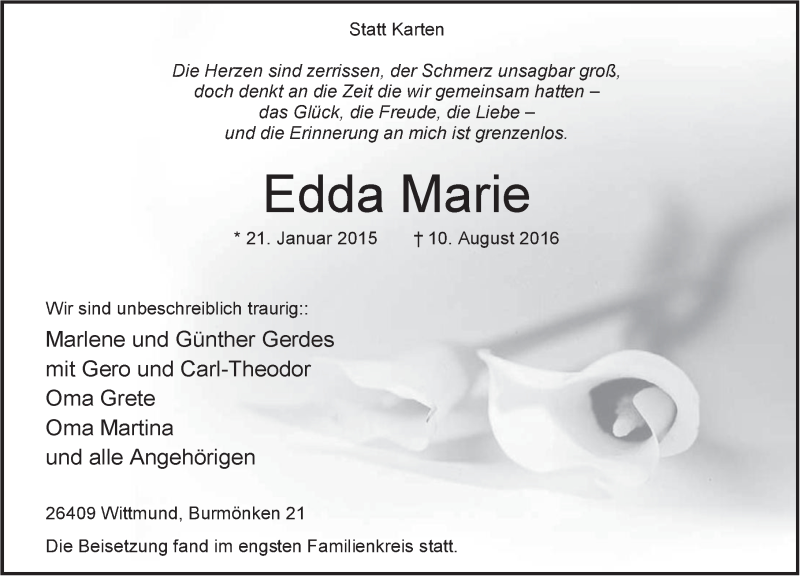 Traueranzeigen von Edda Marie Gerdes | nordwest-trauer.de