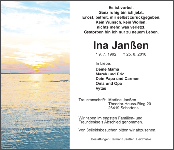 Traueranzeigen von Ina Janßen | nordwest-trauer.de
