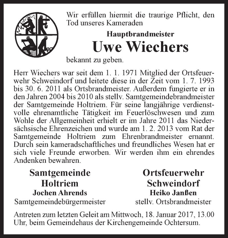 Traueranzeigen von Uwe Wiechers | nordwest-trauer.de