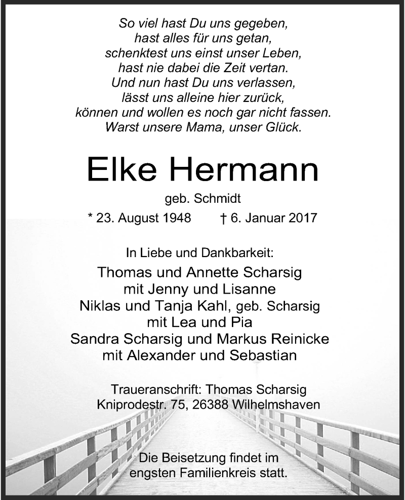 Traueranzeigen von Elke Hermann | nordwest-trauer.de