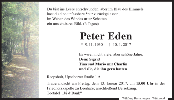 Traueranzeigen von Peter Eden | nordwest-trauer.de