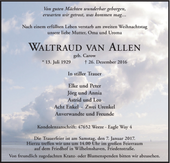 Traueranzeigen von Waltraud van Allen | nordwest-trauer.de