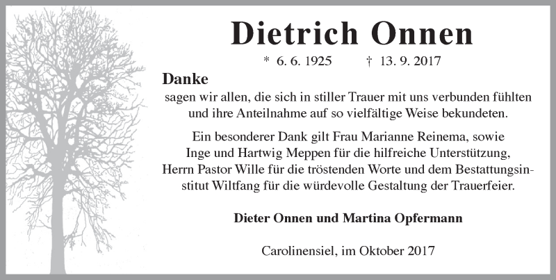 Traueranzeigen von Dietrich Onnen | nordwest-trauer.de