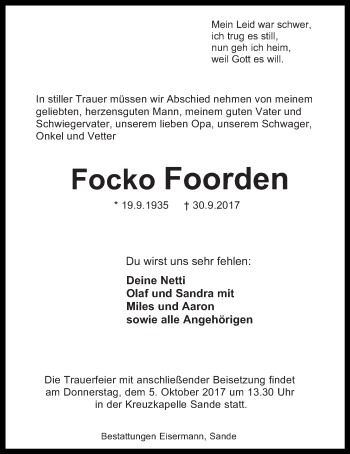 Traueranzeigen von Focko Foorden | nordwest-trauer.de