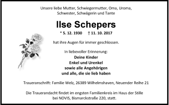 Traueranzeigen von Ilse Schepers | nordwest-trauer.de