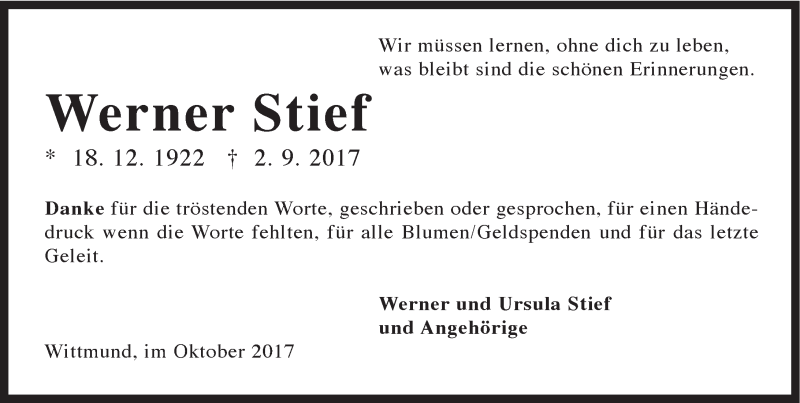 Traueranzeigen von Werner Stief | nordwest-trauer.de