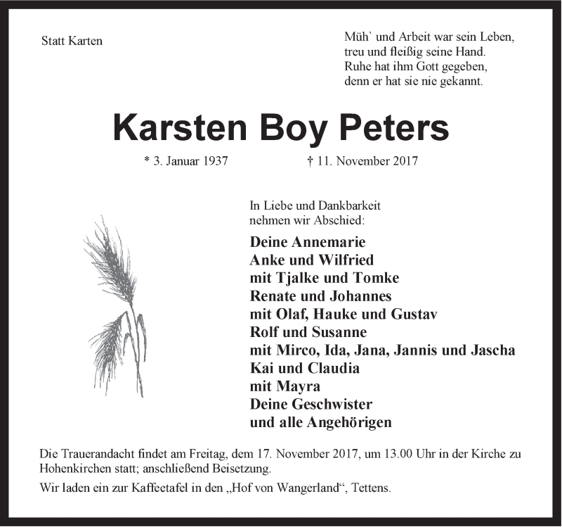 Traueranzeigen von Karsten Boy Peters | nordwest-trauer.de