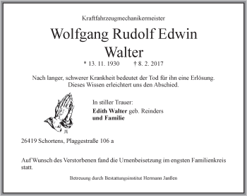 Traueranzeigen von Wolfgang Rudolf Edwin Walter | nordwest-trauer.de