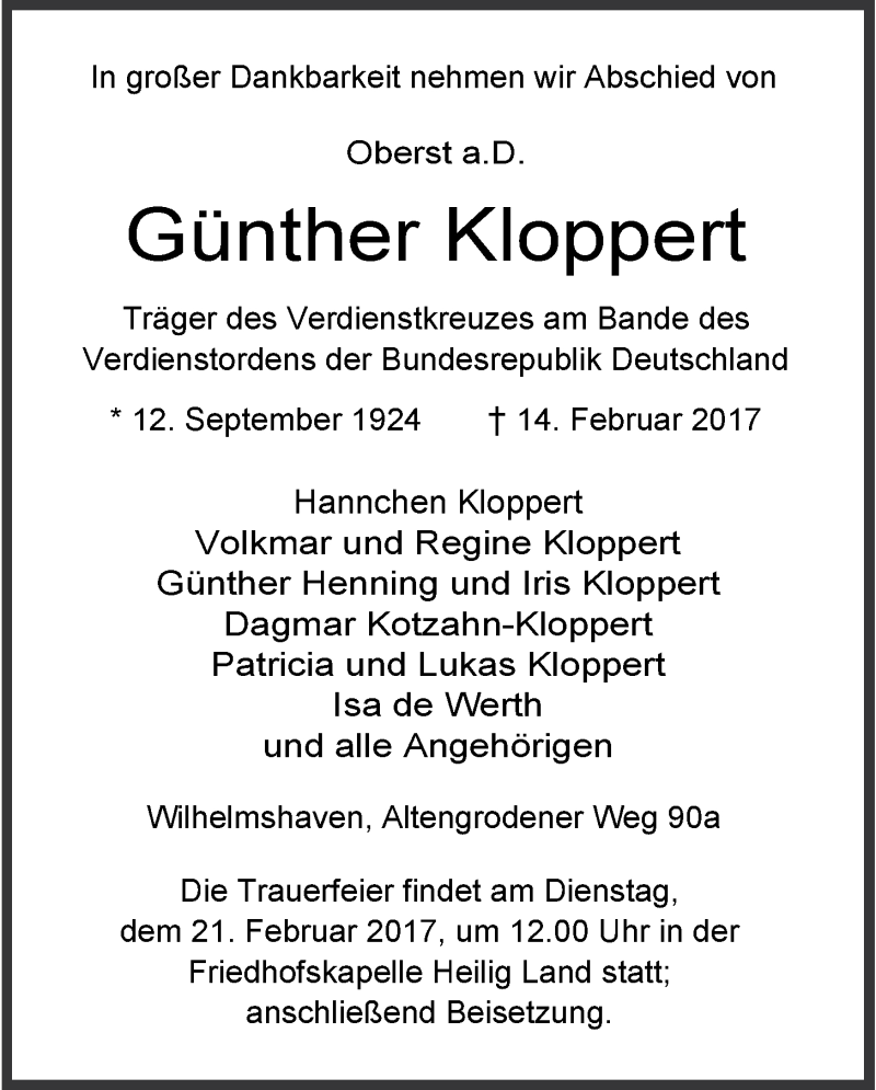 Traueranzeigen von Günther Kloppert | nordwest-trauer.de