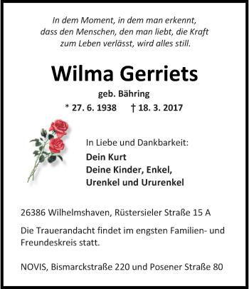 Traueranzeigen von Wilma Gerriets | nordwest-trauer.de