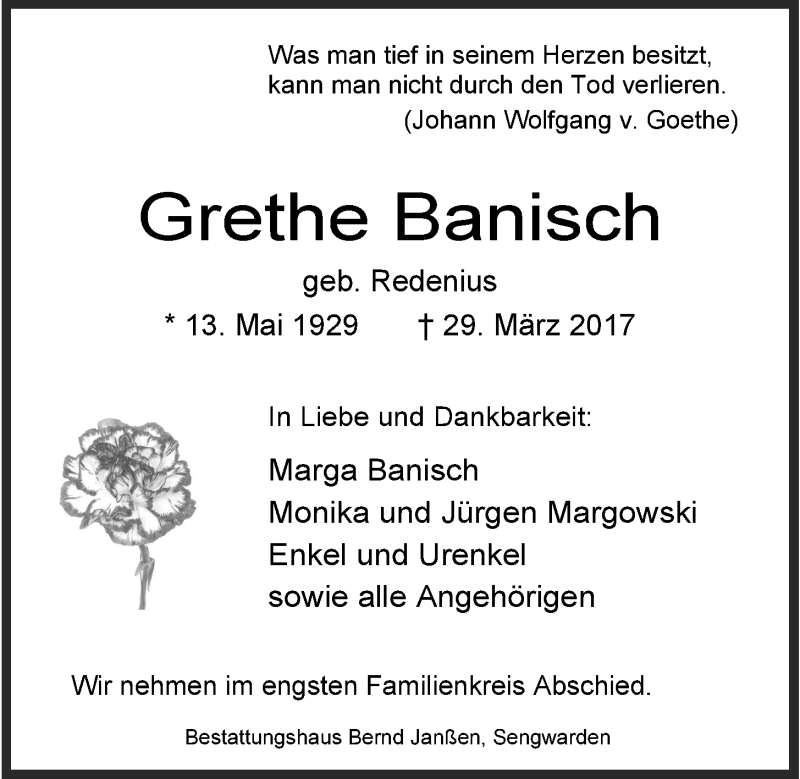 Traueranzeigen von Grethe Banisch | nordwest-trauer.de