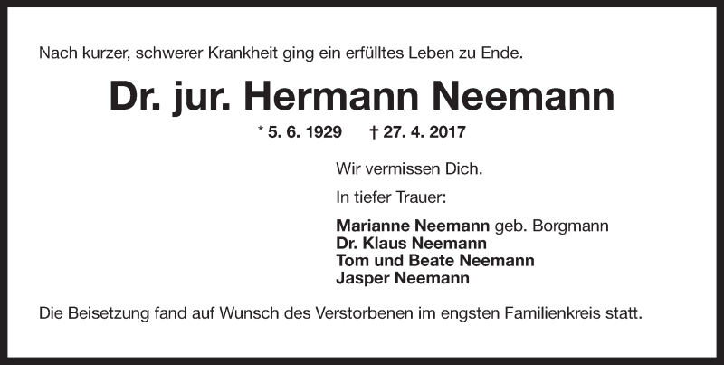 Traueranzeigen von Hermann Neemann | nordwest-trauer.de