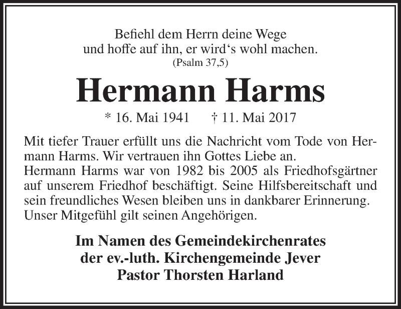 Traueranzeigen von Hermann Harms | nordwest-trauer.de