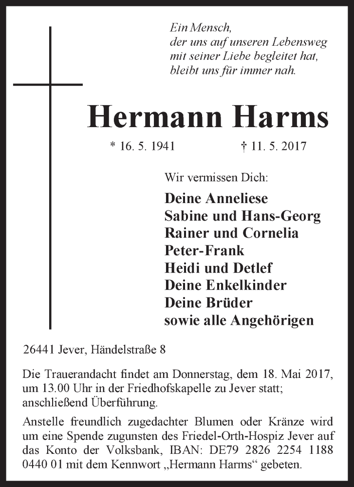 Traueranzeigen von Hermann Harms | nordwest-trauer.de