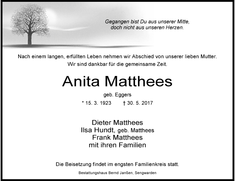 Traueranzeigen von Anita Matthees | nordwest-trauer.de