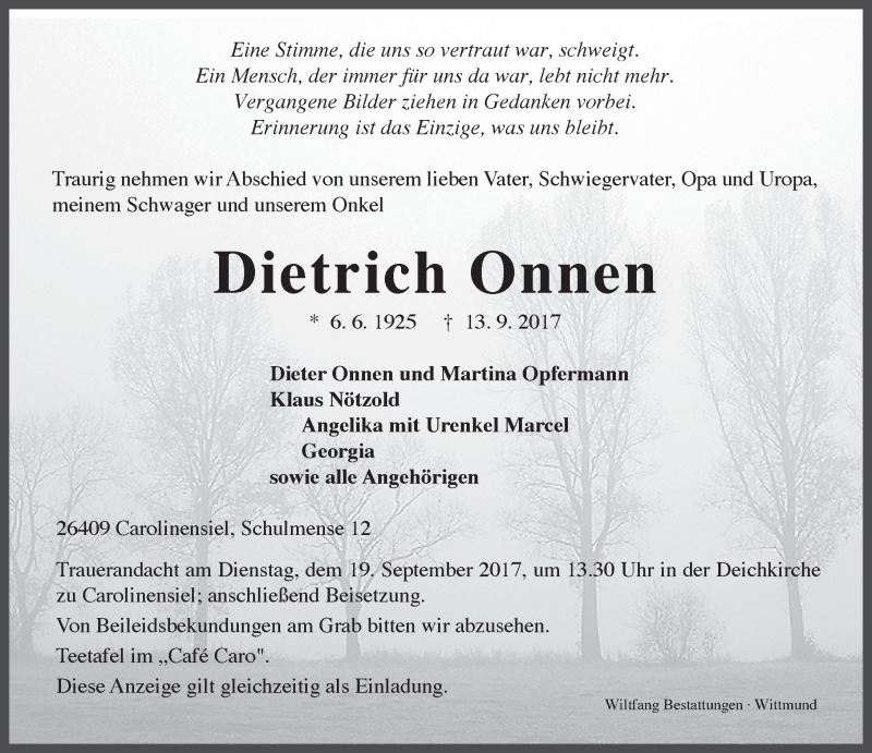 Traueranzeigen von Dietrich Onnen | nordwest-trauer.de