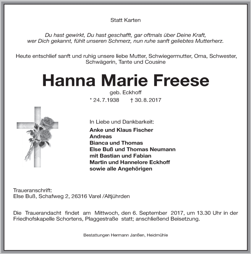 Traueranzeigen von Hanna Marie Freese | nordwest-trauer.de