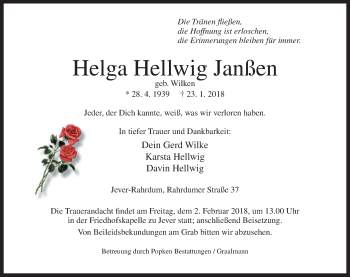 Traueranzeigen von Helga Hellwig Janßen | nordwest-trauer.de